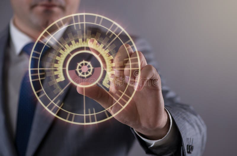 The Businessman Pressing Virtual Buttons in Futuristic Concept Stock ...