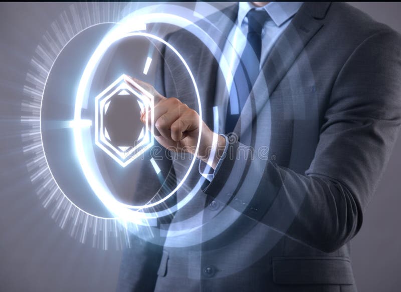 The Businessman Pressing Virtual Buttons in Futuristic Concept Stock ...