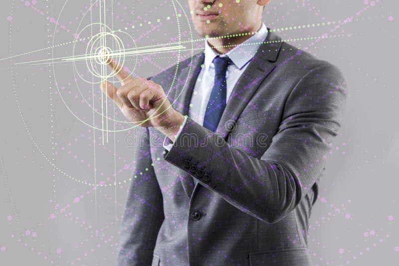 The Businessman Pressing Virtual Buttons in Futuristic Concept Stock ...