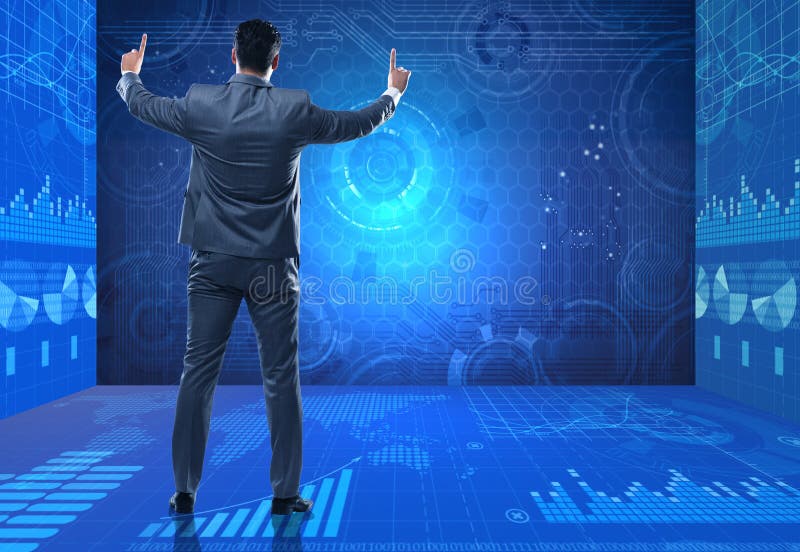 The Businessman Pressing Virtual Buttons in Futuristic Concept Stock ...