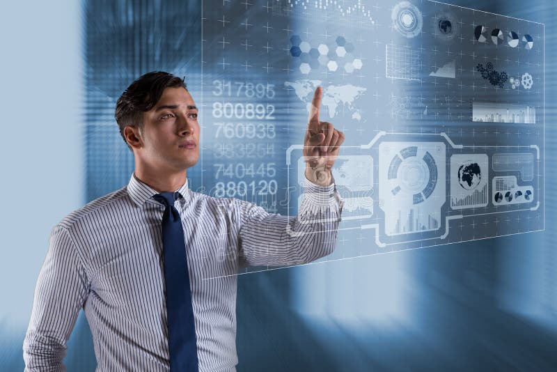 The Businessman Pressing Virtual Buttons in Futuristic Concept Stock ...
