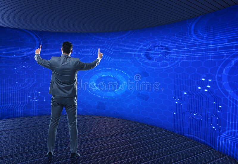 The Businessman Pressing Virtual Buttons in Futuristic Concept Stock ...