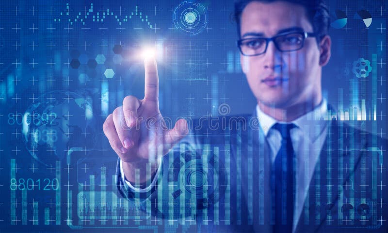 The Businessman Pressing Virtual Buttons in Futuristic Concept Stock ...