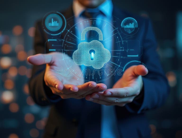 Businessman Protecting Cloud Computing Data with Futuristic Security System Stock Illustration ...
