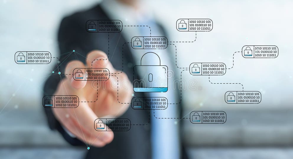 Businessman Protecting His Datas with Thin Line Security Interface ...