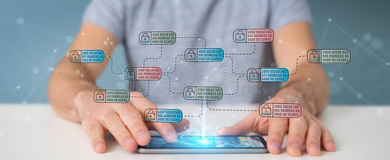 Businessman Protecting His Datas with Thin Line Security Interface ...