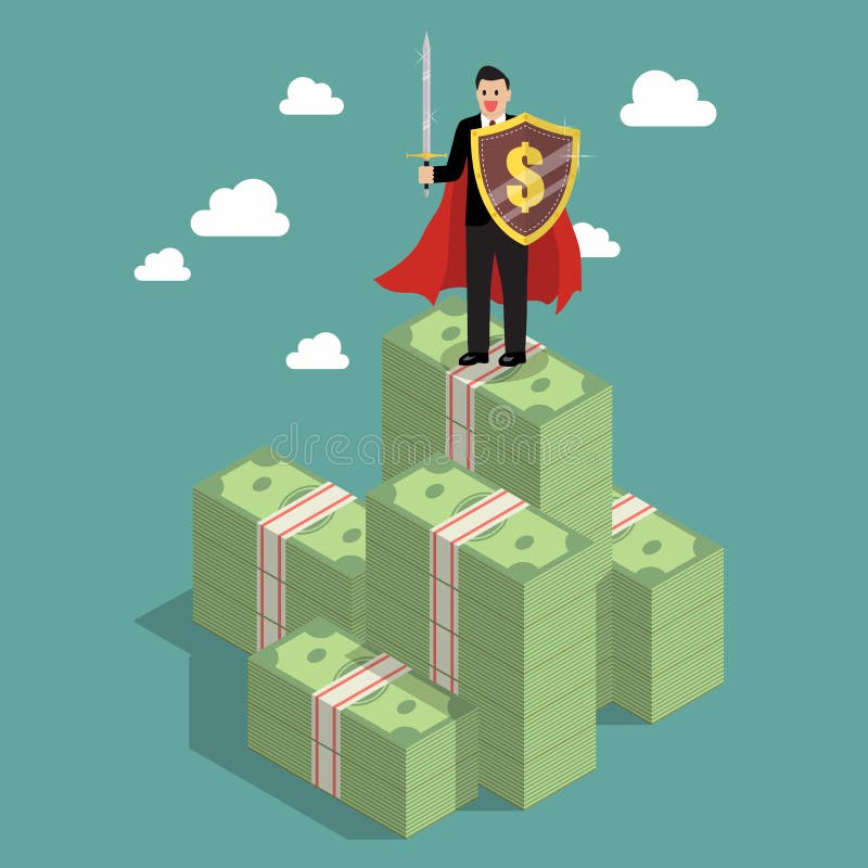 Businessman Protecting Money with Shield and Sword Stock Vector ...
