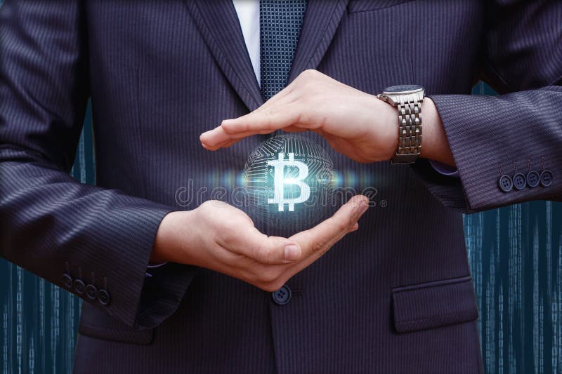 Businessman Protects the Bit Coin . Stock Image - Image of digital ...