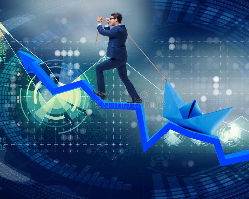 Businessman Pulling Boat Over Line Chart Stock Photo - Image of ...
