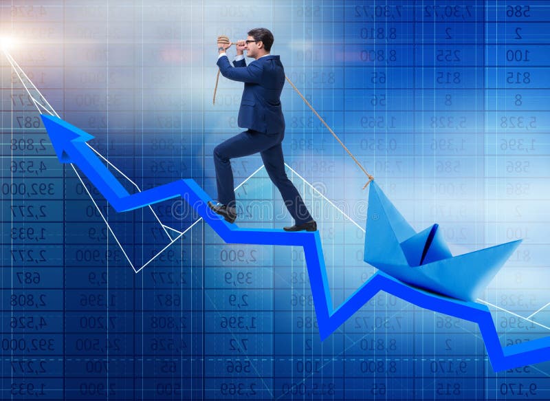 Businessman Pulling Boat Over Line Chart Stock Photo - Image of money ...
