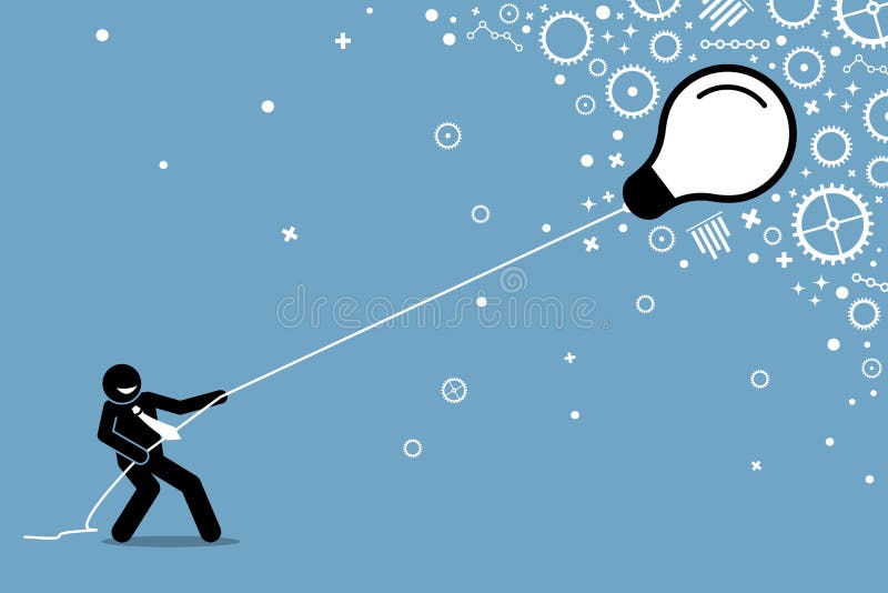 Businessman Pulling a Flying Floating Light Bulb on a String. Stock ...