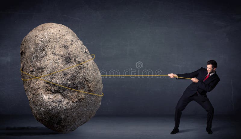 Businessman Pulling Huge Rock with a Rope Stock Image - Image of ...