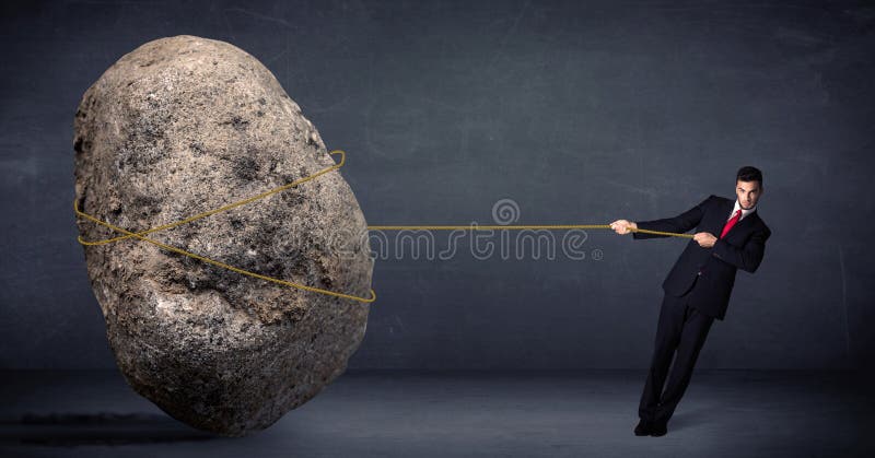 Businessman Pulling Huge Rock with a Rope Stock Photo - Image of ...