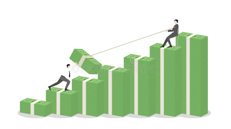 Businessman Pulling a Rope for Banknote on Money Stack Up Bar Chart ...