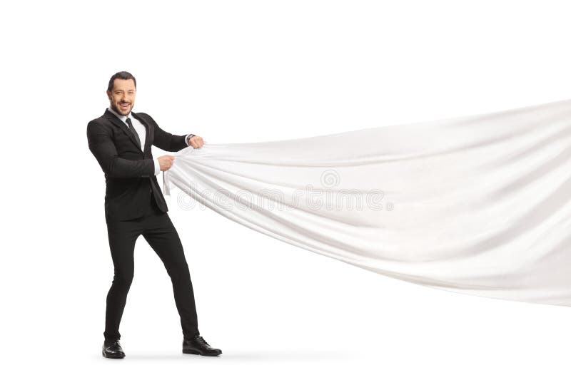 Businessman Pulling a White Piece of Cloth and Pointing Stock Photo ...