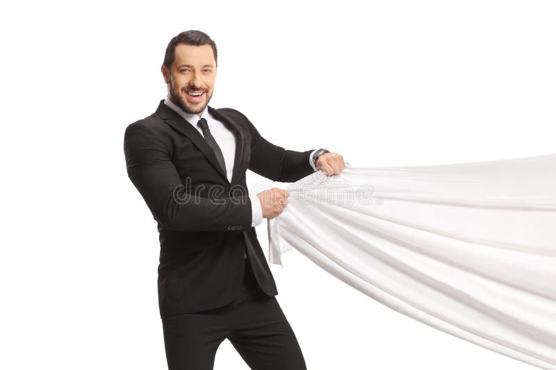 Businessman Pulling Open Big Data Curtain Covering Blank White Backdrop ...