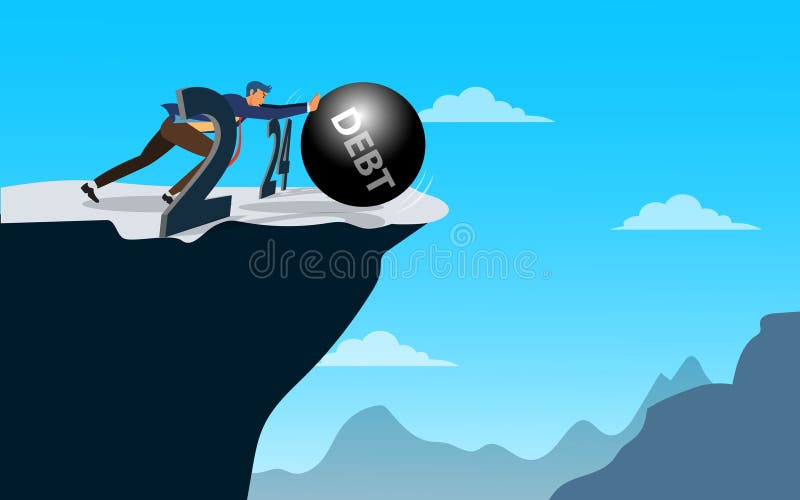 A Businessman Push the Debt Over a Cliff. Decrease, Lower, and Zero ...
