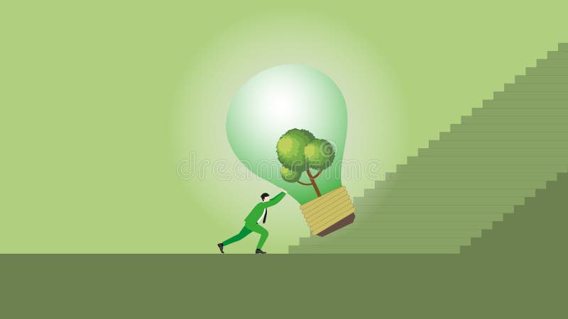 A Businessman Pushes a Big Tree Lightbulb, Steps Up a Stair Stock ... A Businessman Pushes a Big Tree Lightbulb, Steps Up a Stair Stock ...