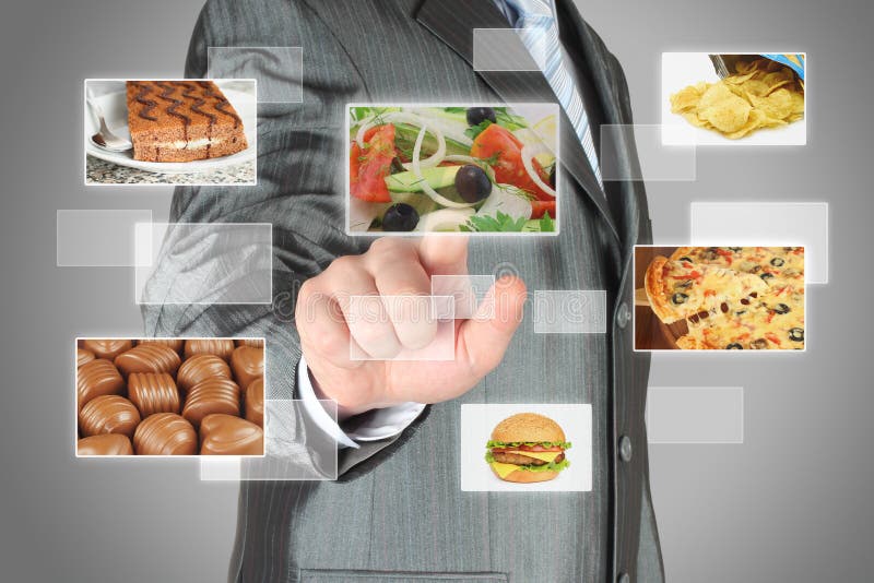 Businessman Pushes Touch Screen Button with Salad on Virtual Interface ...