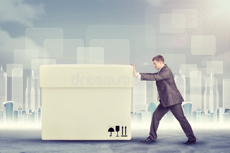 Businessman Pushing Big White Box Stock Photo - Image of businessman ...