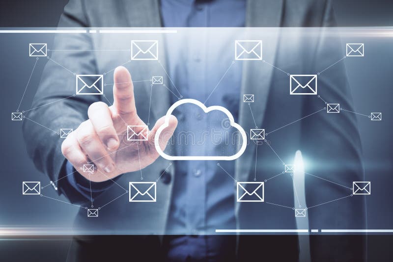 Businessman Pushing Creative Glowing Cloud Email Map Stock Photo ...