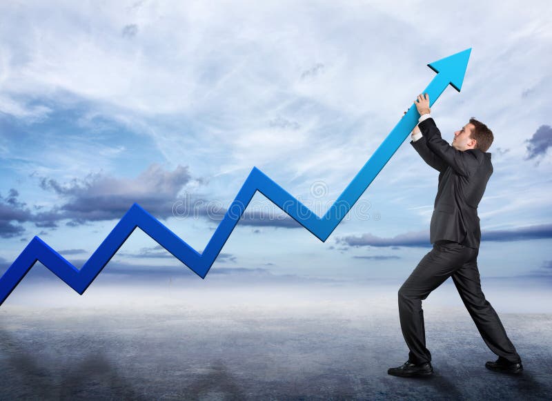 Businessman Pushing a Graphic Arrow Up Stock Photo - Image of grow ...