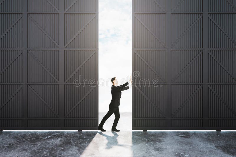 Businessman Pushing The Door Stock Photo - Image of door, concepts ...