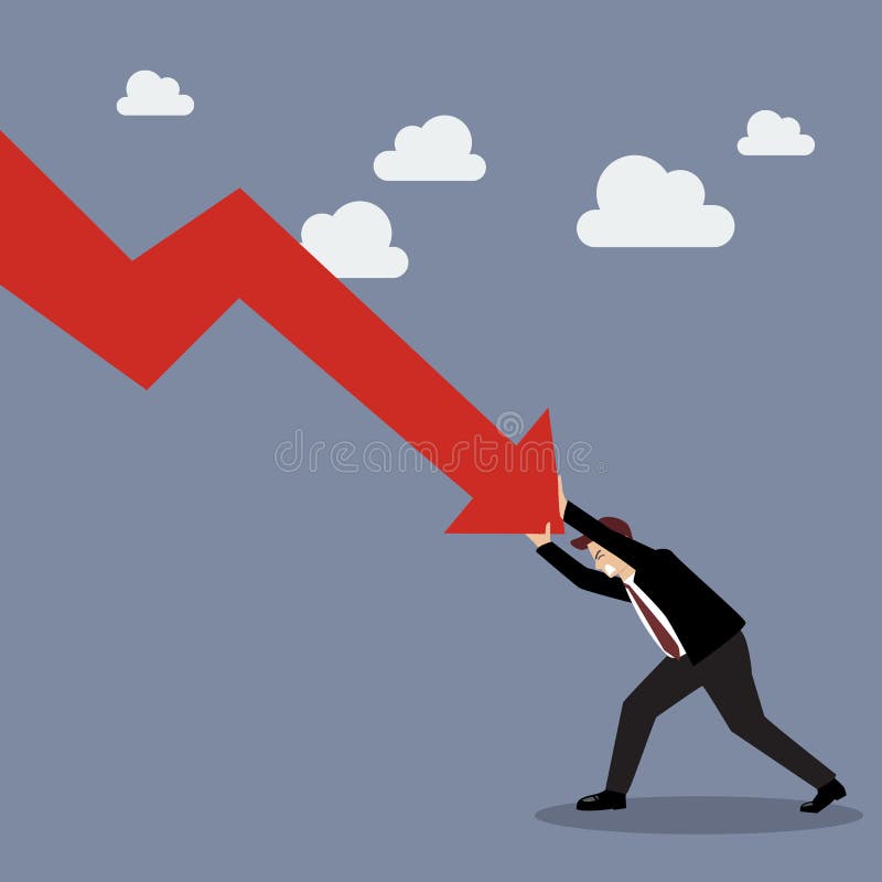 Businessman Pushing Hard Against Falling Graph Down Stock Vector ...