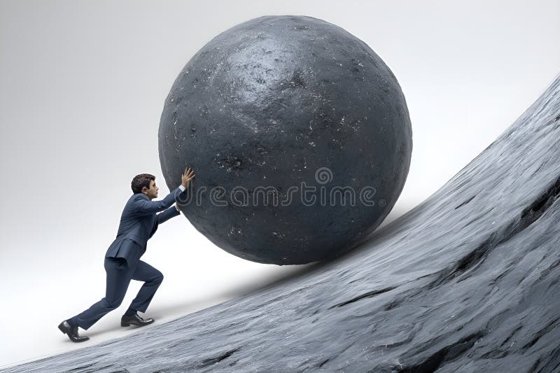 Businessman Pushing Large Stone Uphill Depicting Business Challenge ...