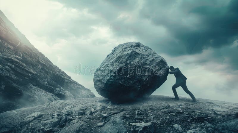 Businessman Pushing Stone Uphill, Symbolizing Challenges, Ai Generated ...