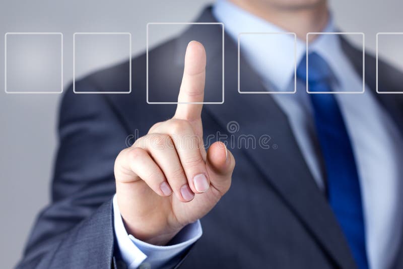 Businessman Pushing on a Touch Screen Interface Stock Photo - Image of ...