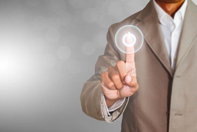 Businessman Pushing on Transparent Power Button, Futuristic Technology ...