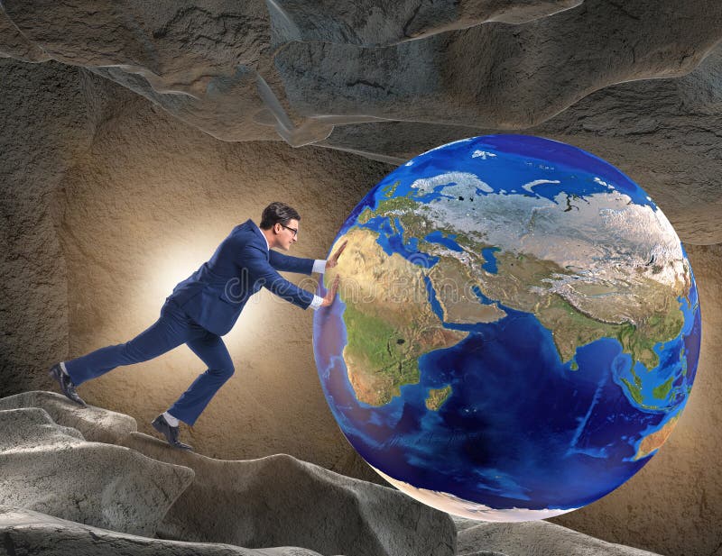 Businessman Pushing the World in Challenge Concept Stock Image - Image ...
