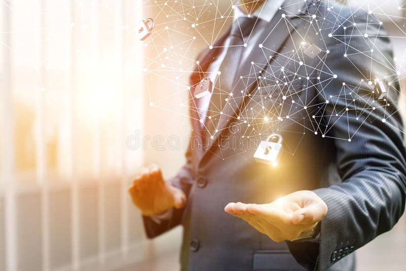 Businessman Puts Security Locks on the Network. Stock Image - Image of ...