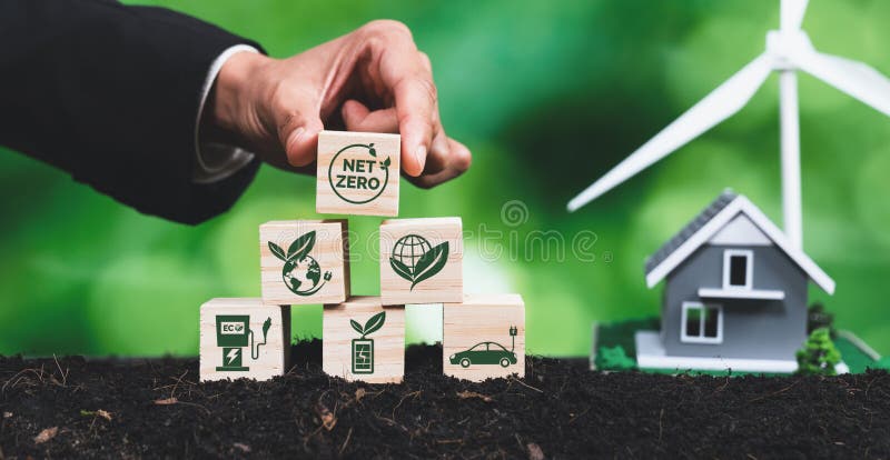 Businessman Putting Net Zero Symbol Cube on Stack Top for Green ...