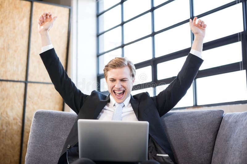Young Handsome Man Sitting Front Computer Raising Hand Stock Photos ...