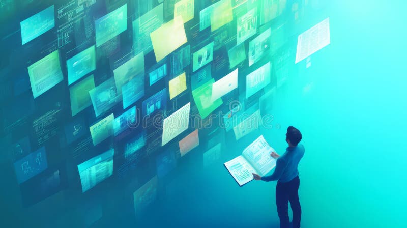 Businessman Reading Book and Browsing Information, Big Data, and ...