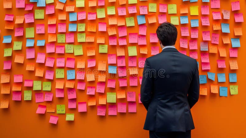 Businessman Reading Notes on Sticky Notes on Orange Wall Stock Image ...