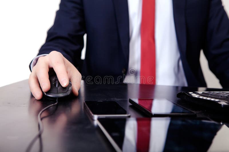 Businessman in Red Tie Working on the Computer. on the Table is Stock ...