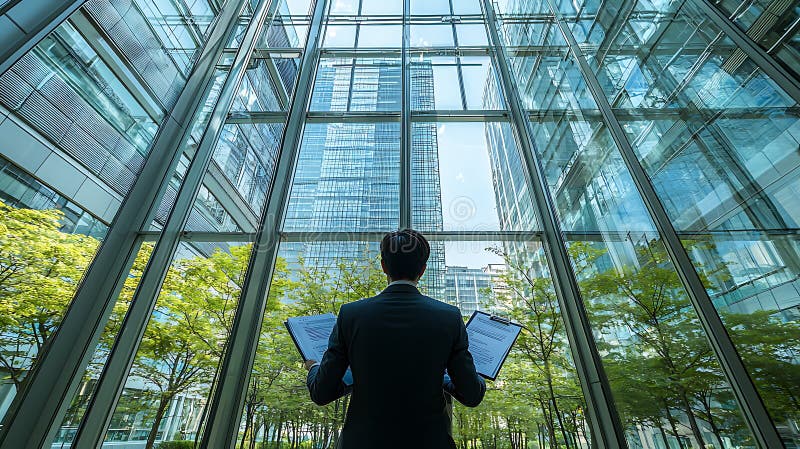 Businessman Reviewing Documents in Modern Office Building Atrium Stock ...