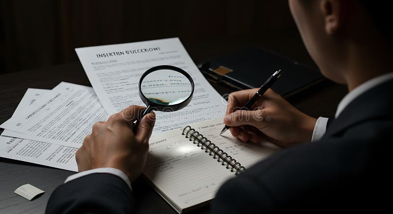 Businessman Reviewing Documents and Taking Notes with Magnifying Glass ...