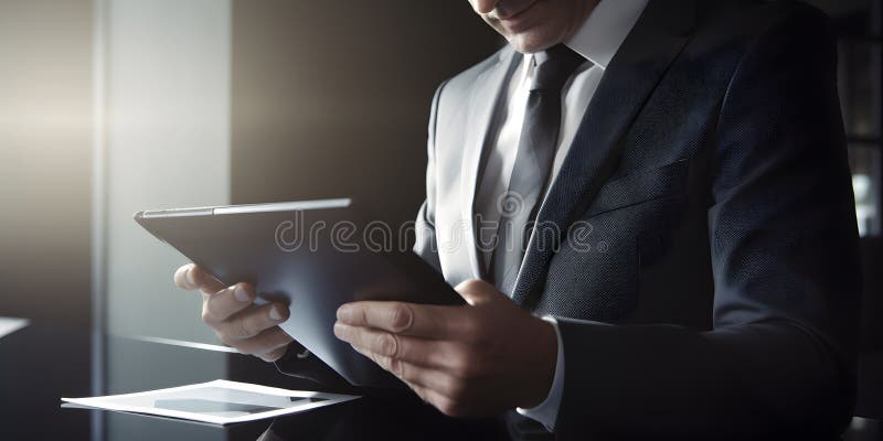 A Businessman Reviewing a Report on a Tablet Two Generative AI Stock ...
