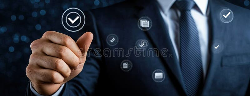Businessman Reviews Documents with a Virtual Check Mark, Highlighting ...