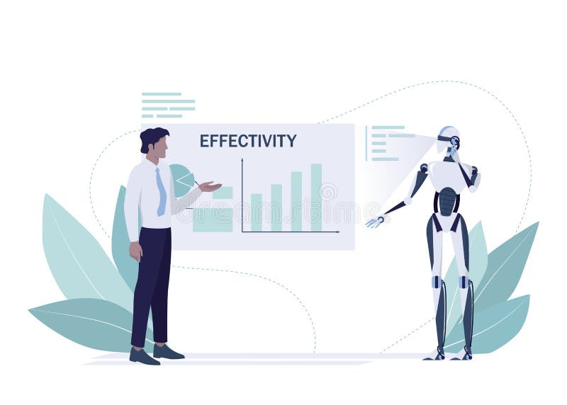 Businessman and Robot Making a Presentation. Robot Characters Help ...
