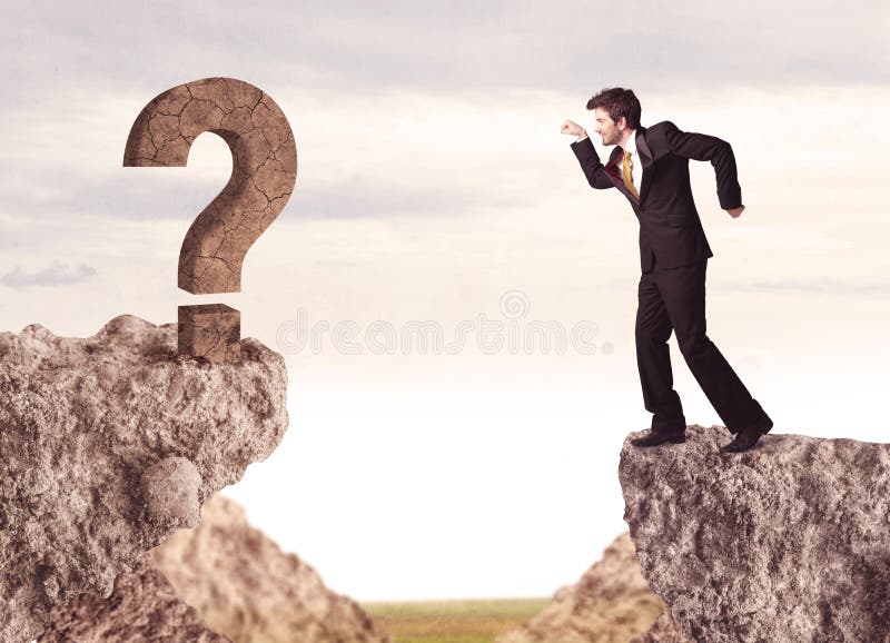 Businessman on Rock Mountain with a Question Mark Stock Photo - Image ...