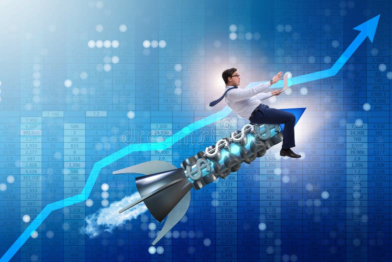 The Businessman on Rocket in Trading Concept Stock Image - Image of ...