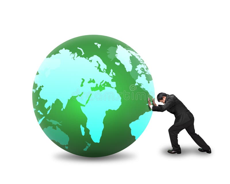 Businessman Rolling Large Ball with World Wide Map on it Isolate Stock ...