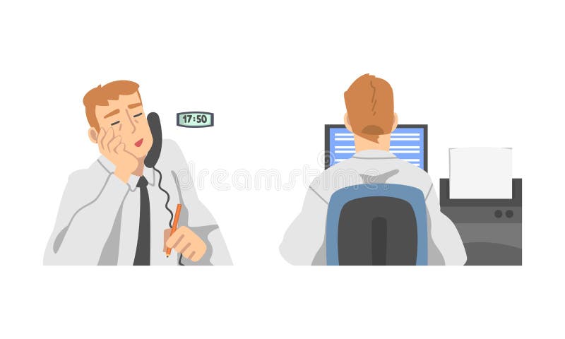 Businessman daily Routine Set. Guy Working at Computer and Talking on ...