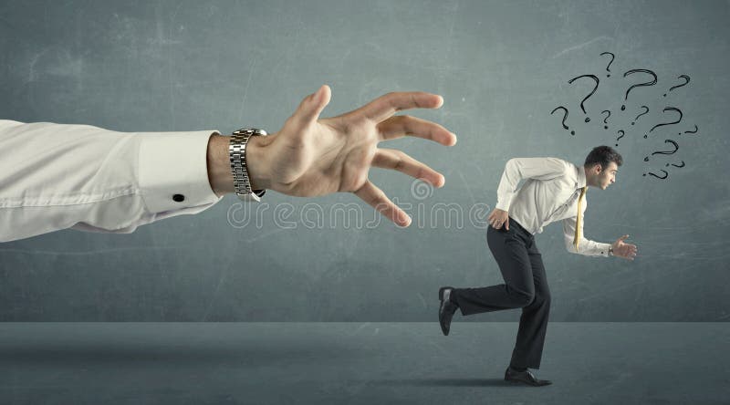 Businessman Running Away from a Big Hand Stock Photo - Image of ...