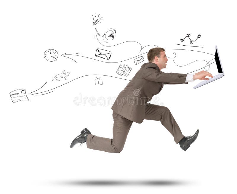 Businessman Running Fast with Laptop on White Stock Image - Image of ...